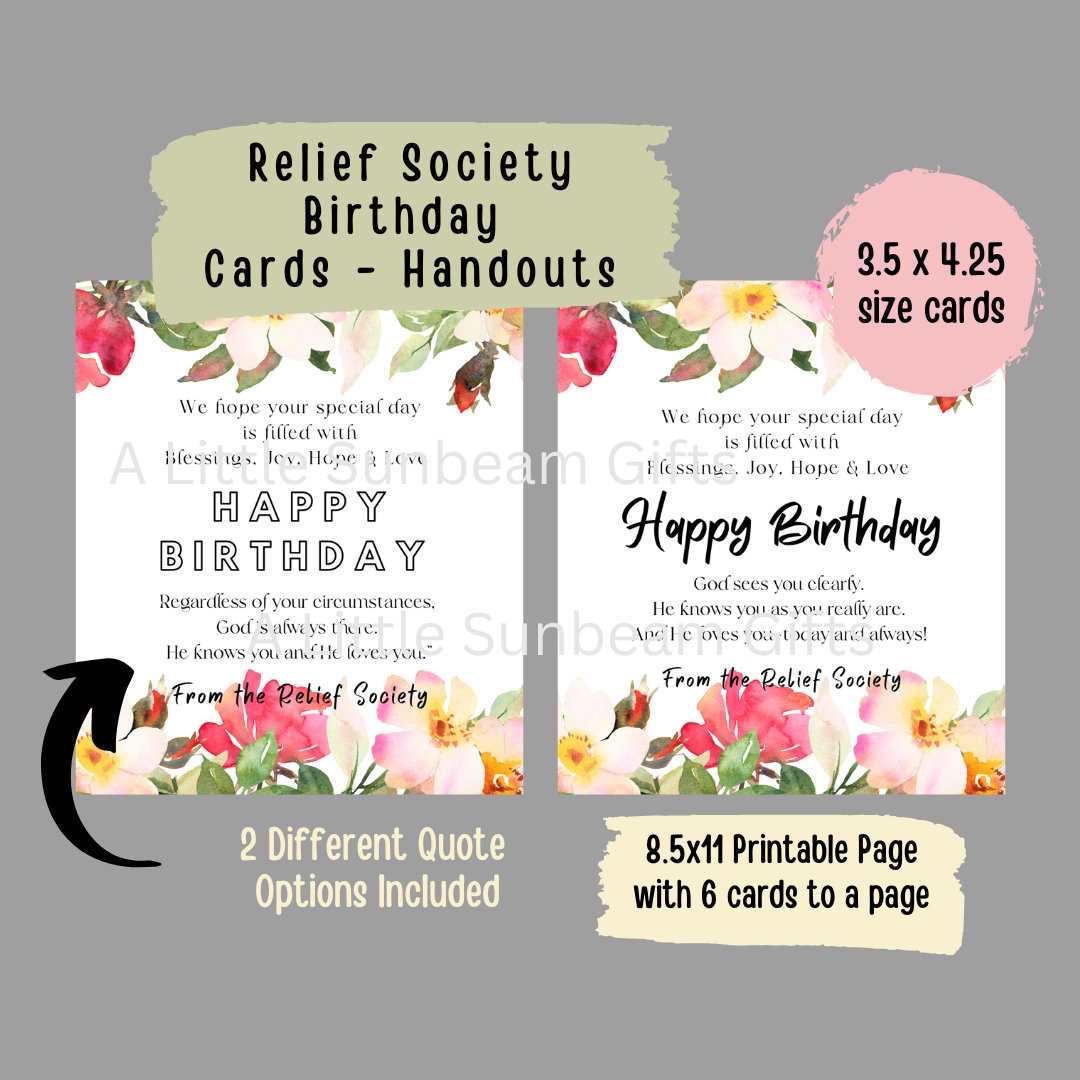 Relief Society Birthday Card Handout Relief Society Instant Download ...