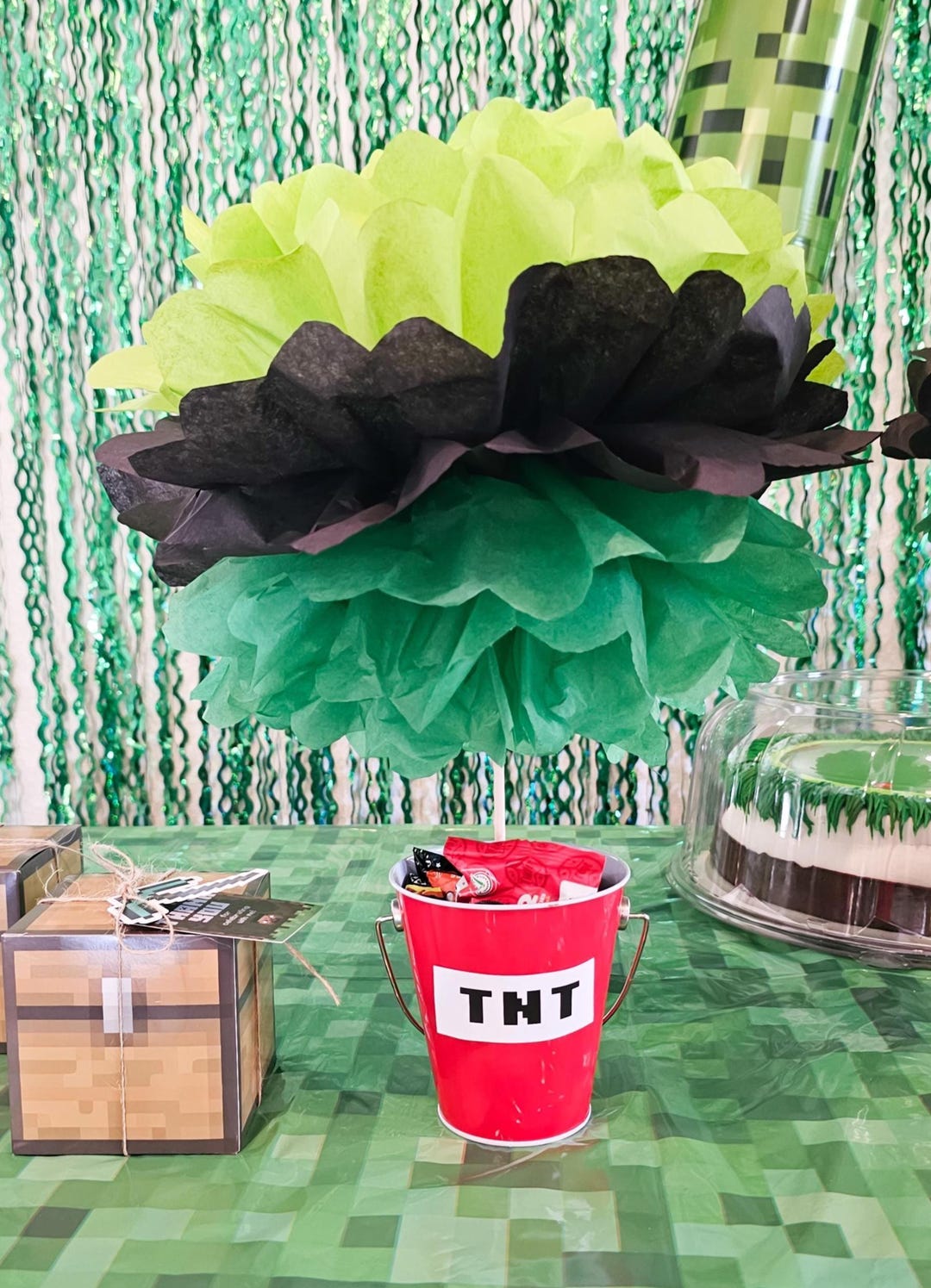Minecraft Inspired Tissue Paper Pom Poms With Wood Dowel / Cernterpiece ...