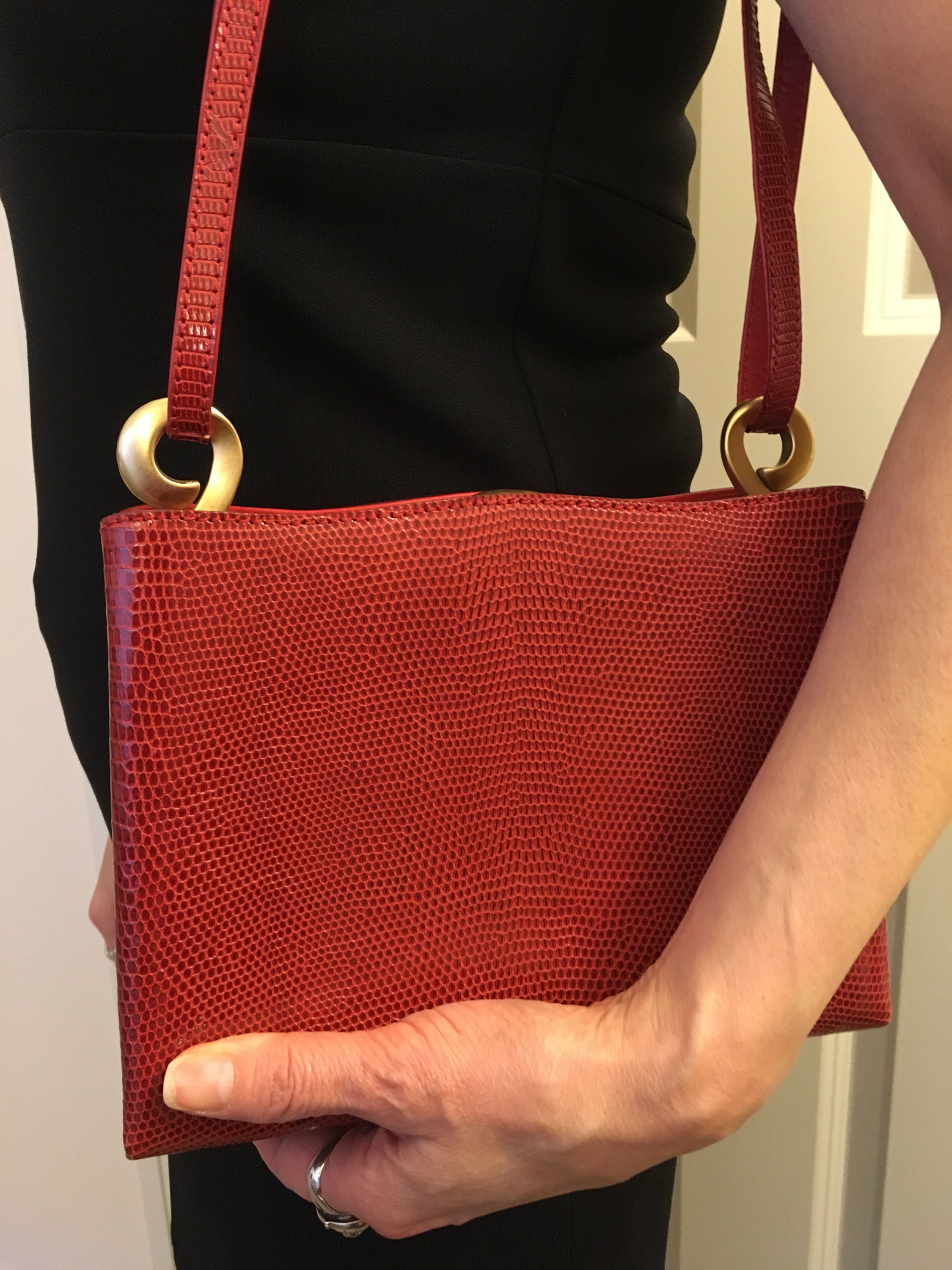 Devecchi by Hamilton Hodge, Vintage Red Lizard Skin Handbag, Circa 1989 ...