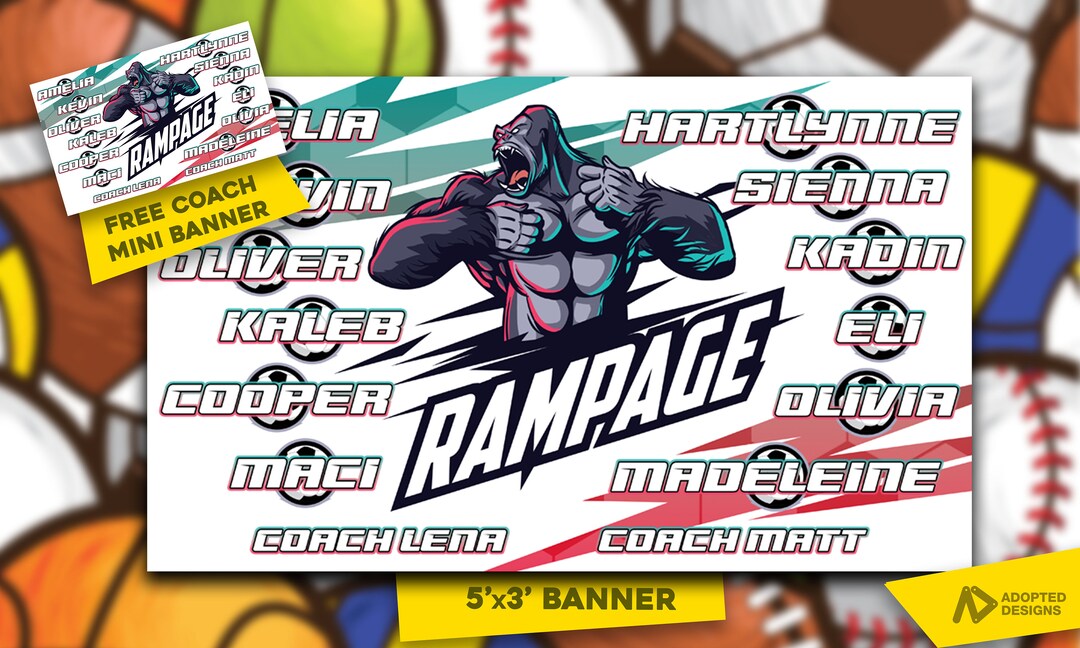 Rampage Soccer Team Banner 5 'x 3' Banner 1 FREE Mini Banner for Coach ...