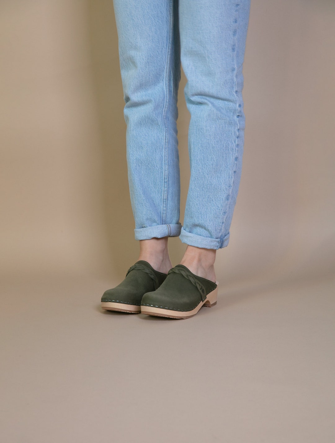 Olive Green Clog Mules for Men / Braided Strap / Sandgrens / Nubuck ...
