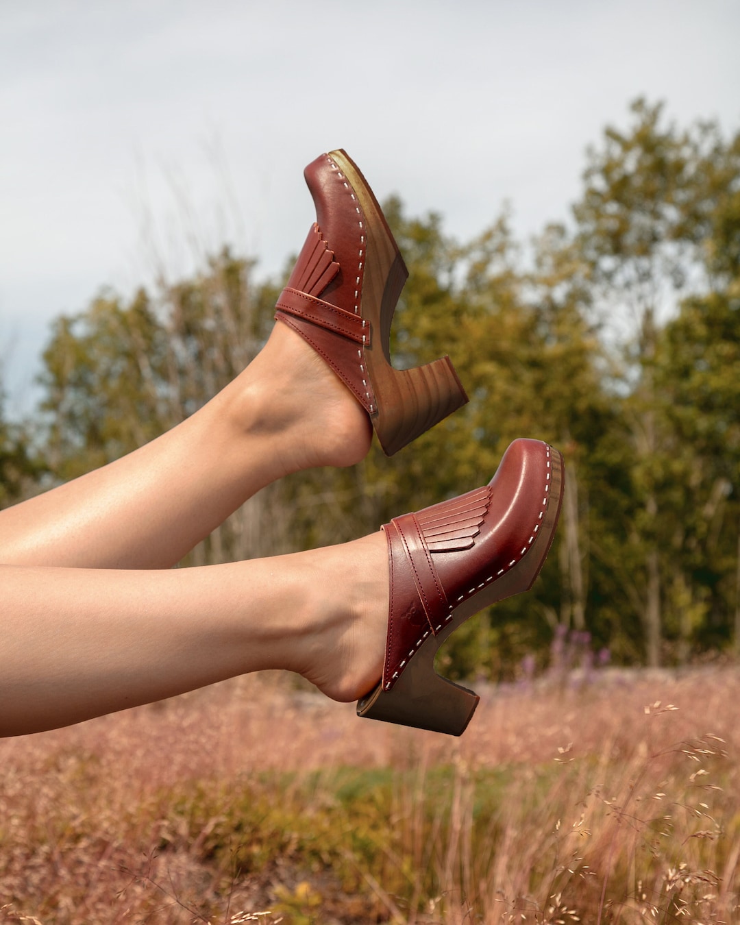 Cognac Red Clog Mules for Women / High Rise Heel Mules With Fringe ...