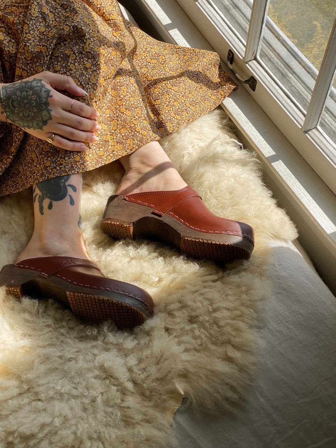 Cognac Red Clog Mules for Women / Low Heel Classic Mules / Sandgrens ...