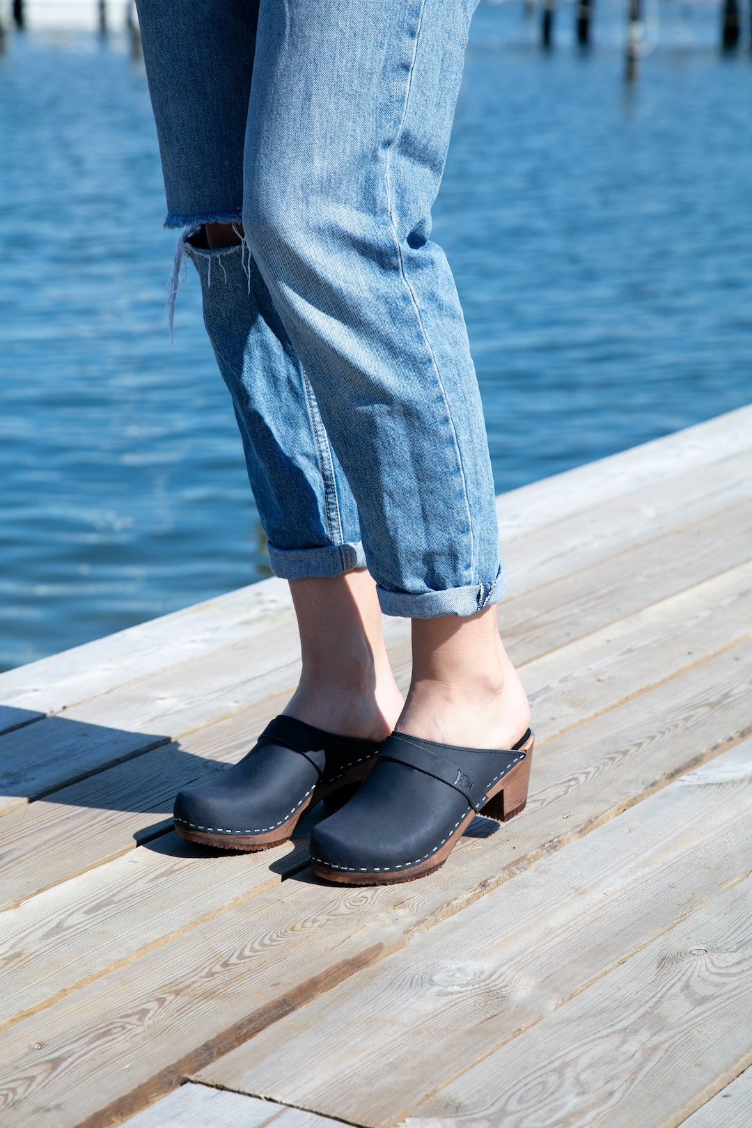 Navy Blue Clog Mules for Women / High Heel Classic Mules / Sandgrens ...