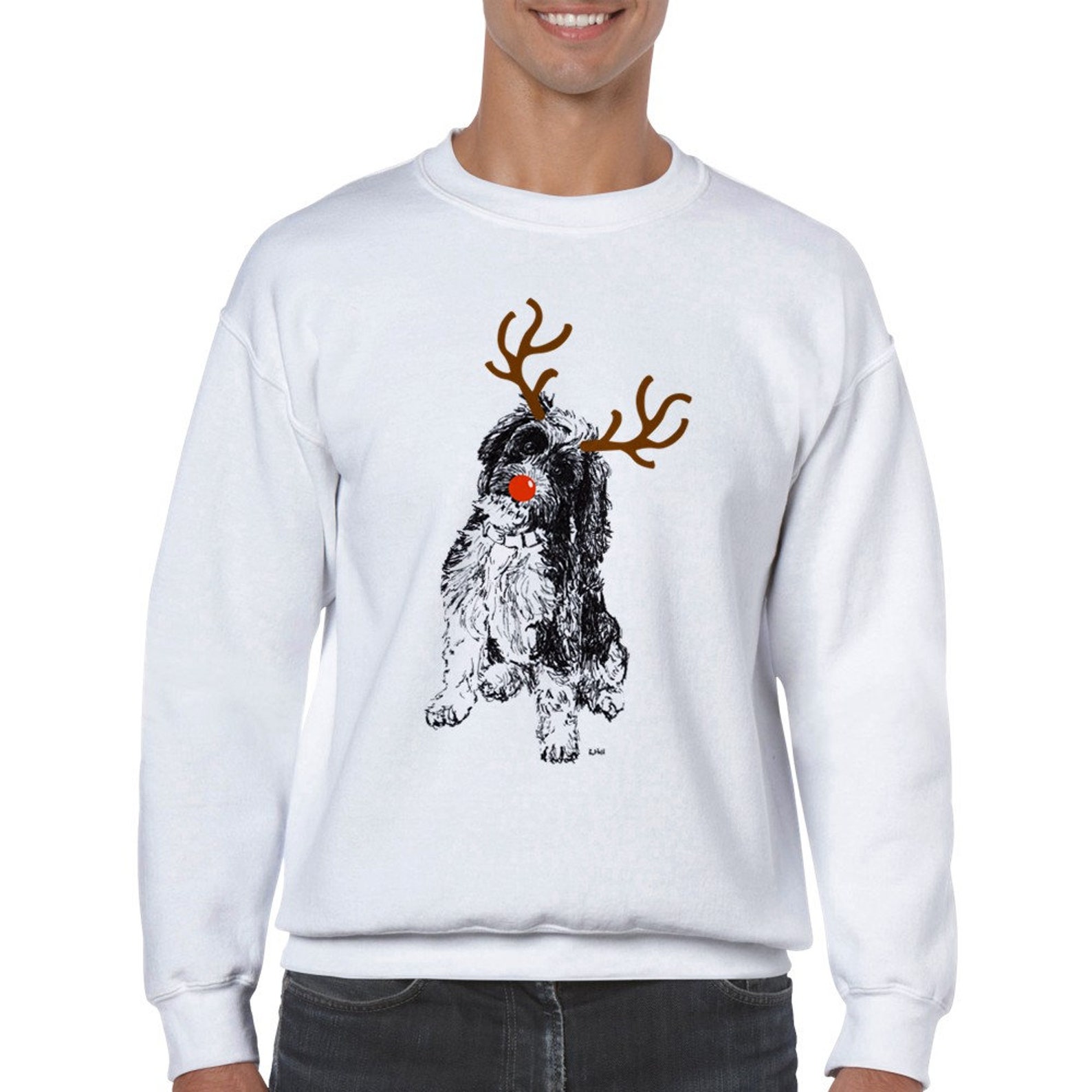 Cockapoo Dog With Reindeer Antlers and Red Nose Classic Unisex Crewneck ...