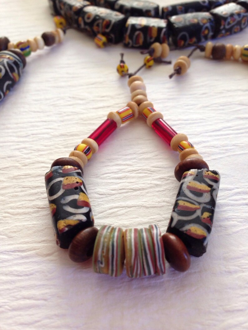 African trade bead set rectangle fried egg beads with bone | Etsy