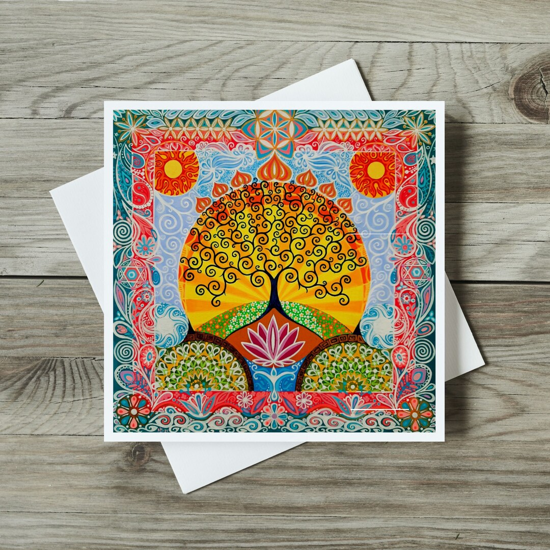 Tree of Life Card, Lotus Flower Card, Spiritual Yoga Blank Art Card ...
