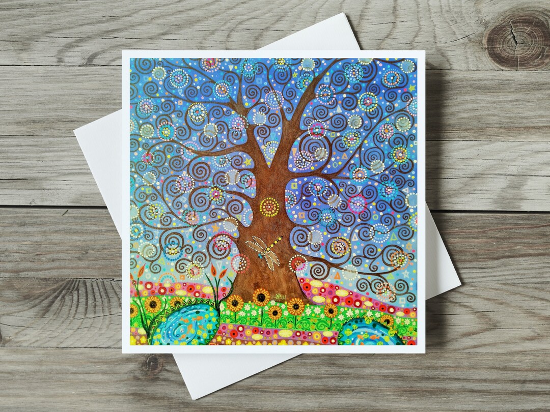 Tree of Life Card, Tree and Dragonfly Blank Nature Art Nouveau ...