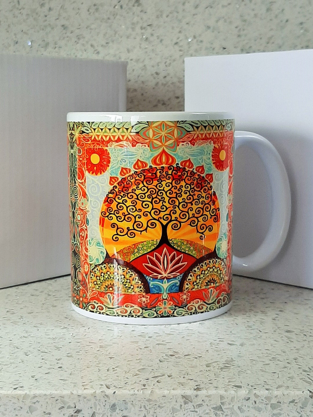 Tree of Life Mug, Colourful Tree and Lotus Flower Art Mug ...