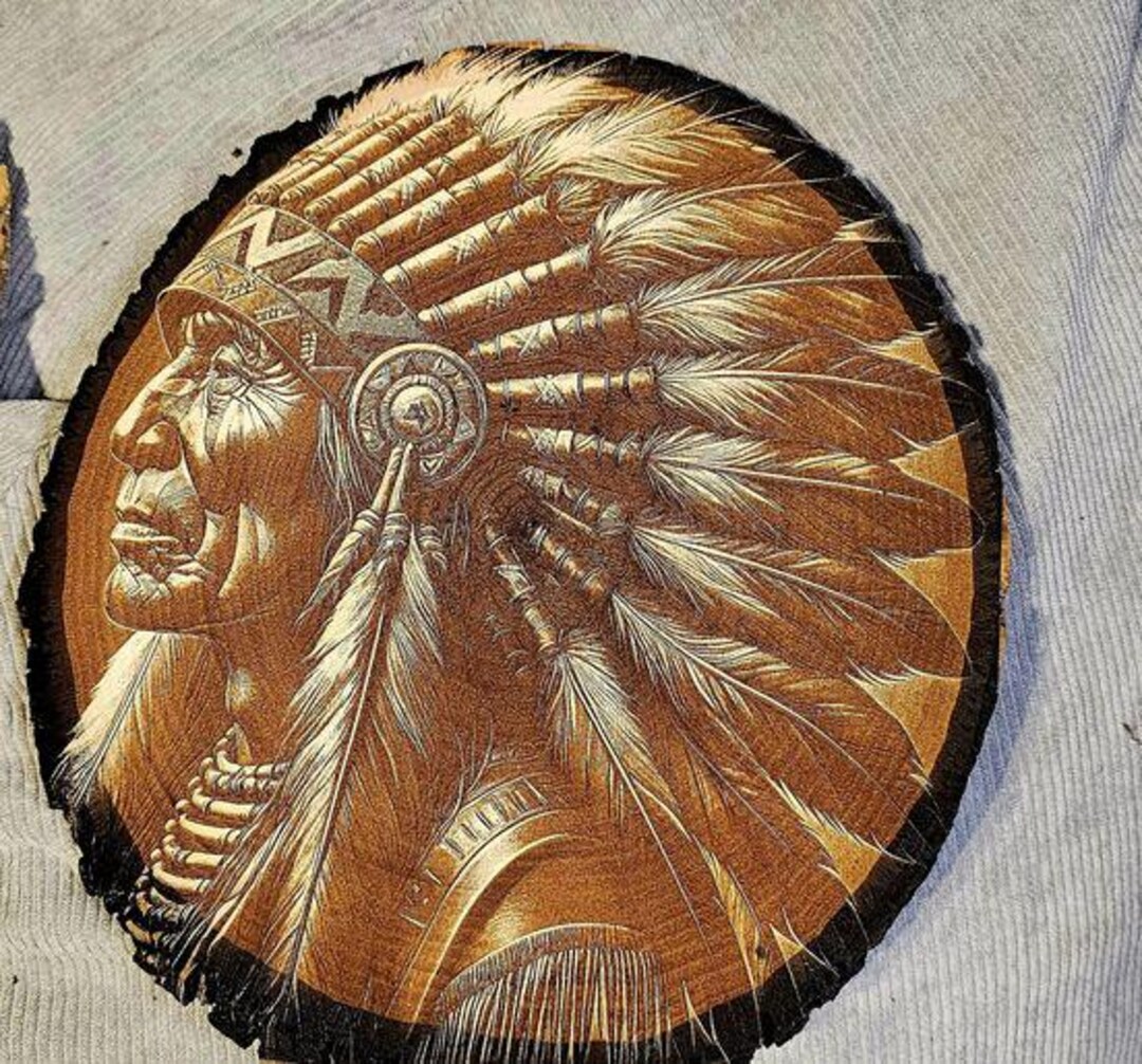 Handcrafted 3D Wood Engraved Indian Chief on Raw Wood With Live Edges ...