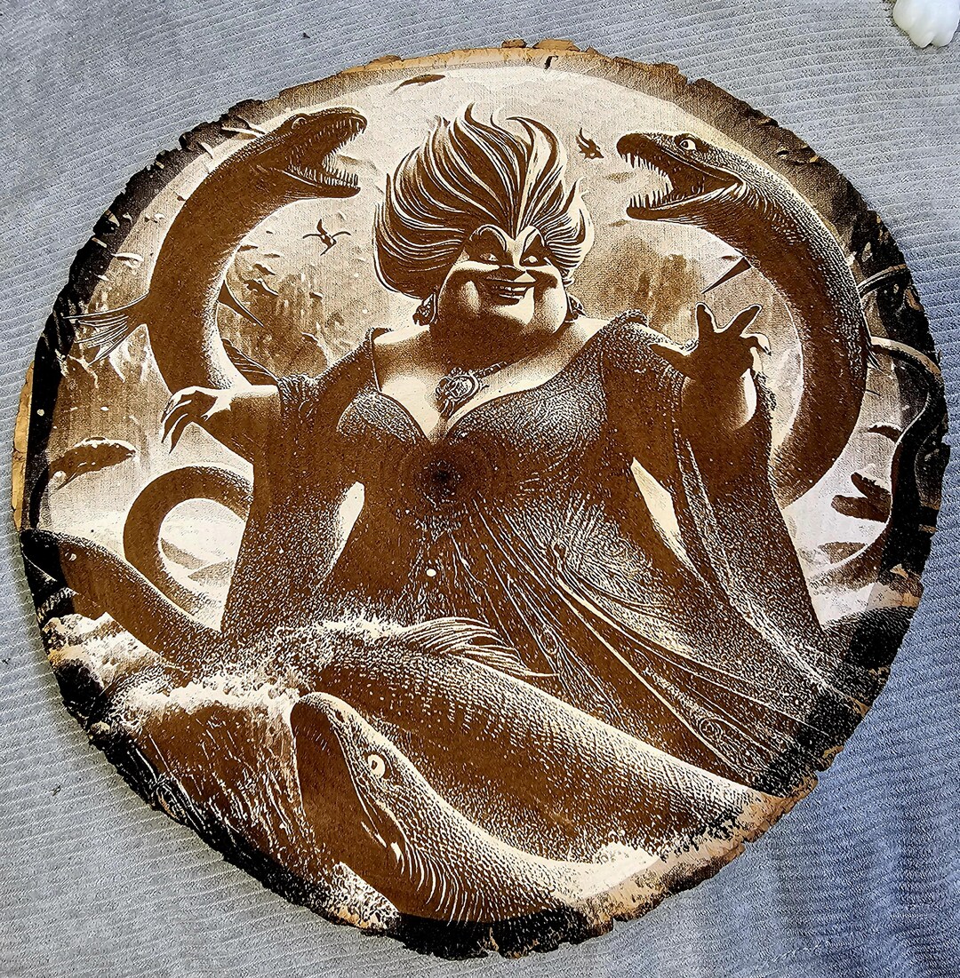 Handcrafted 3D Wood Engraved Ursula and Eels Inspired Piece on Raw Wood ...