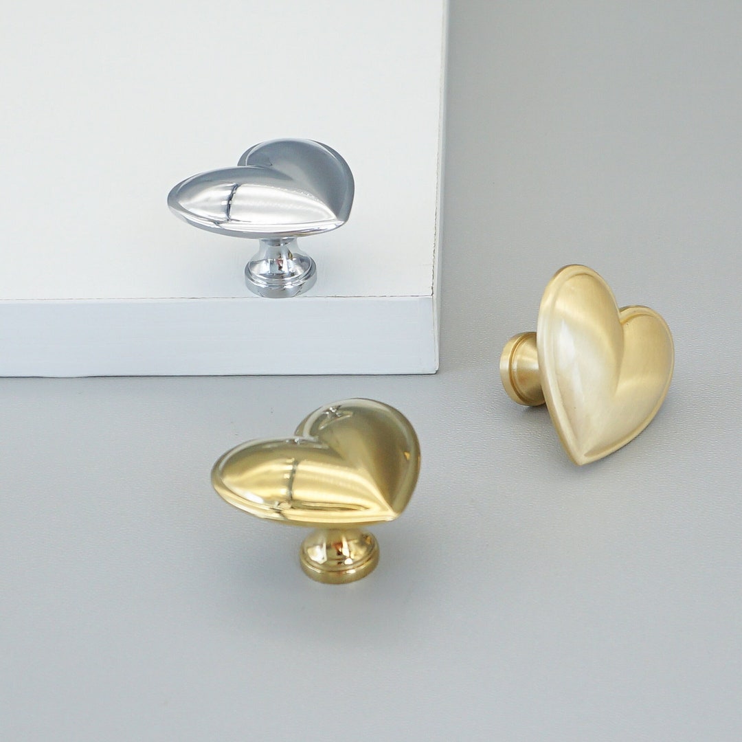Chrome Silver Heart Knobs Gold Cabinet Knob Solid Brass Drawer Pulls Knobs Shiny Gold Dresser ...