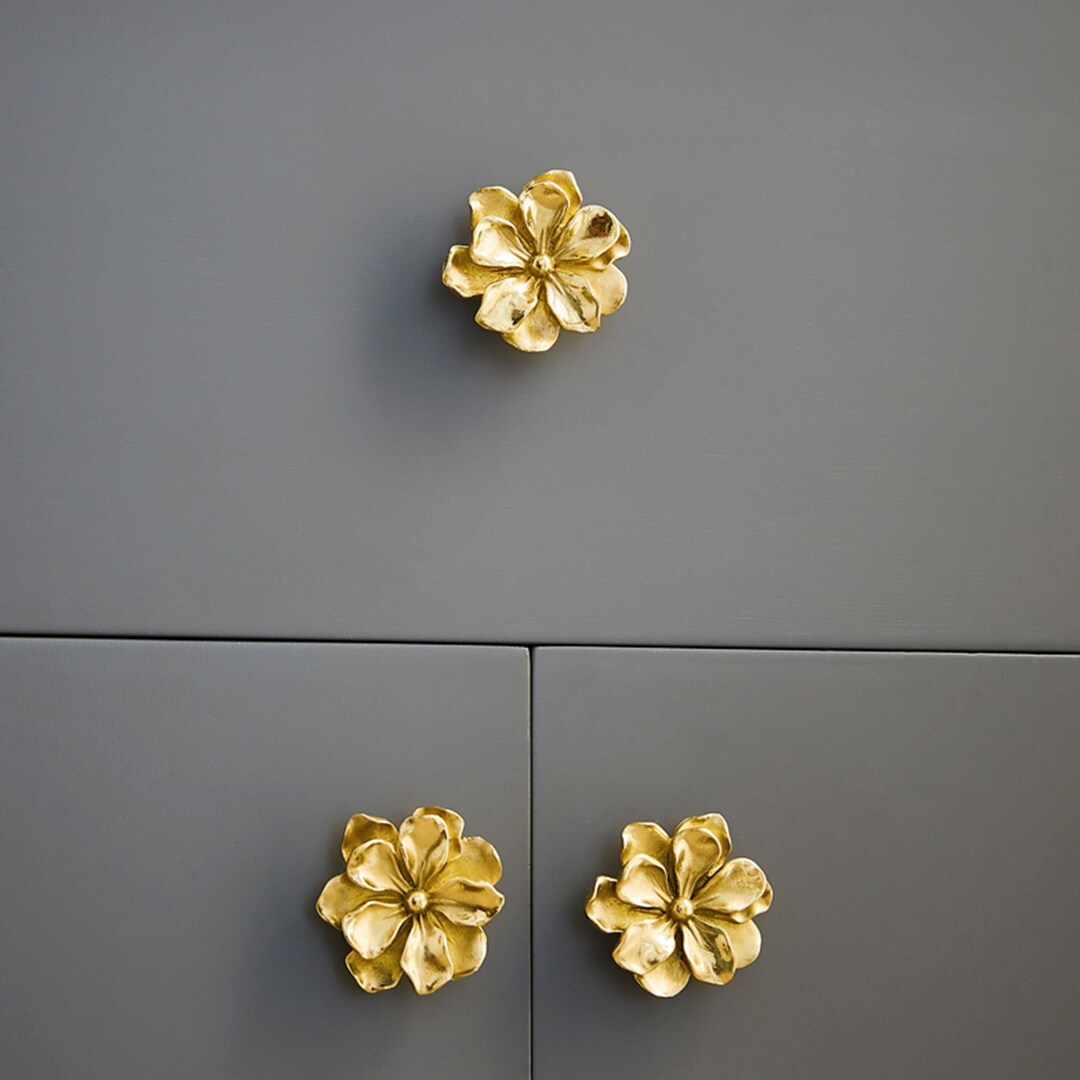 Solid Brass Flower Knobs Unique Drawer Knob Gold Cabinet Knob Drawer ...