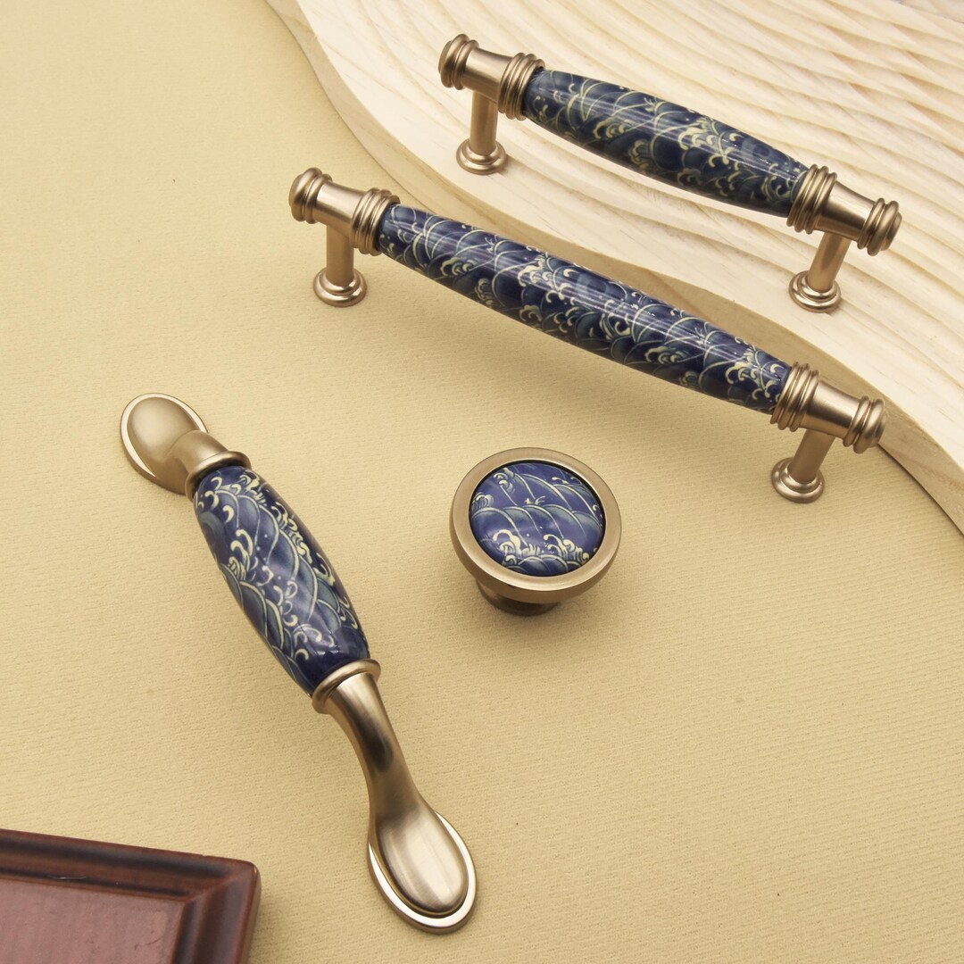 3.78"5" Kitchen Cabinet Handle Ceramic Knobs Pulls Blue Wave Dresser ...