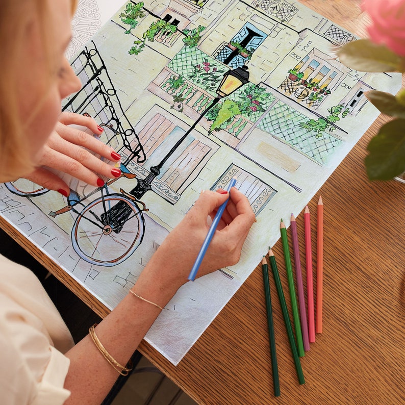 Coloring Poster Paris Street, Giant Coloring Page, DIY Art, Adult ...