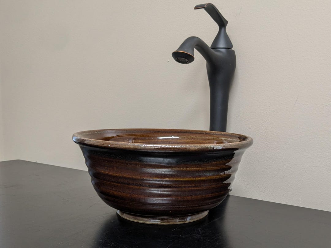 Small Handmade Stoneware Vessel Sink, Swamp Glaze, Cabin Rustic, French ...