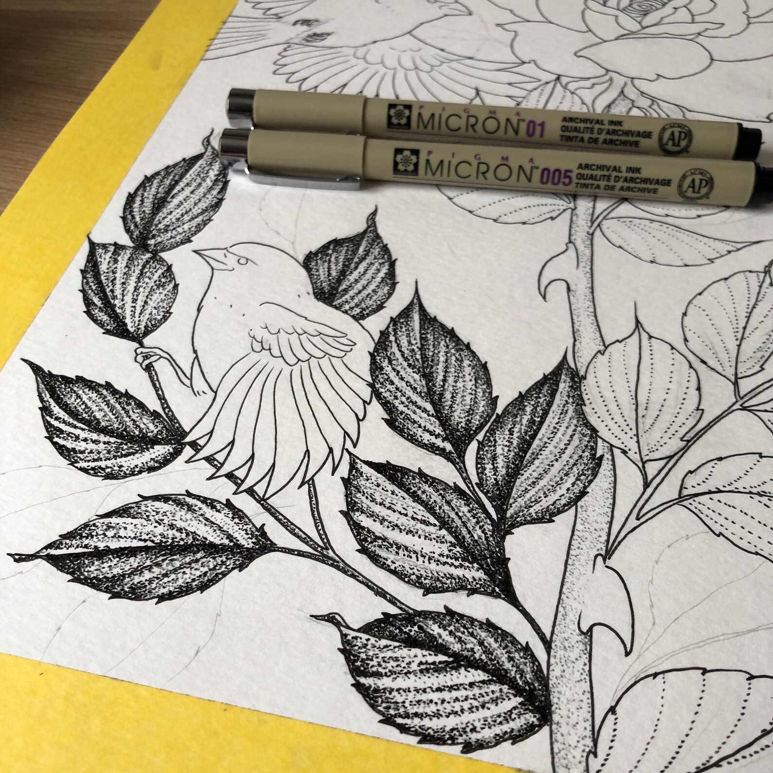 Garden Birds and Rose dot work / stipple floral illustration | Etsy