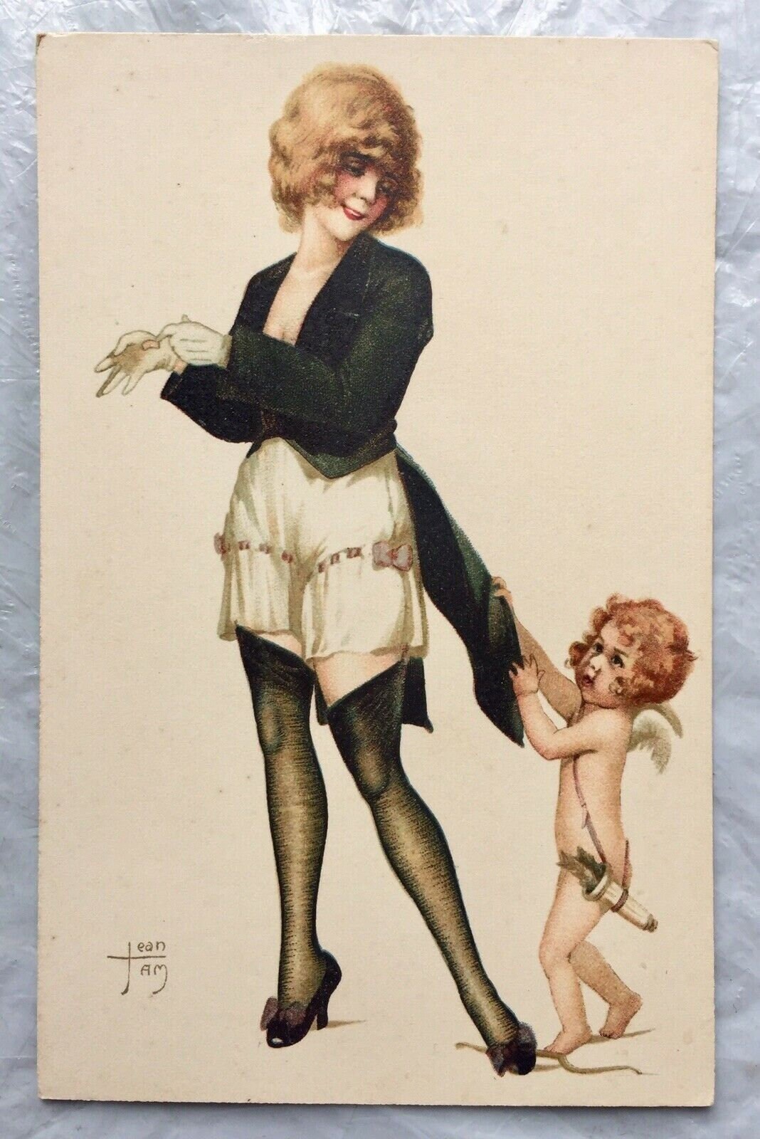 Risque French Postcard Illustrated Jean Tam Cupid And Flapper 2 Unused