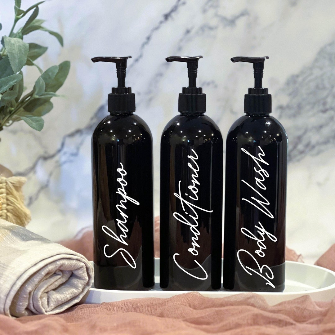 3 Black Shampoo and Conditioner Bottles | Bathroom Storage | Spa Décor ...