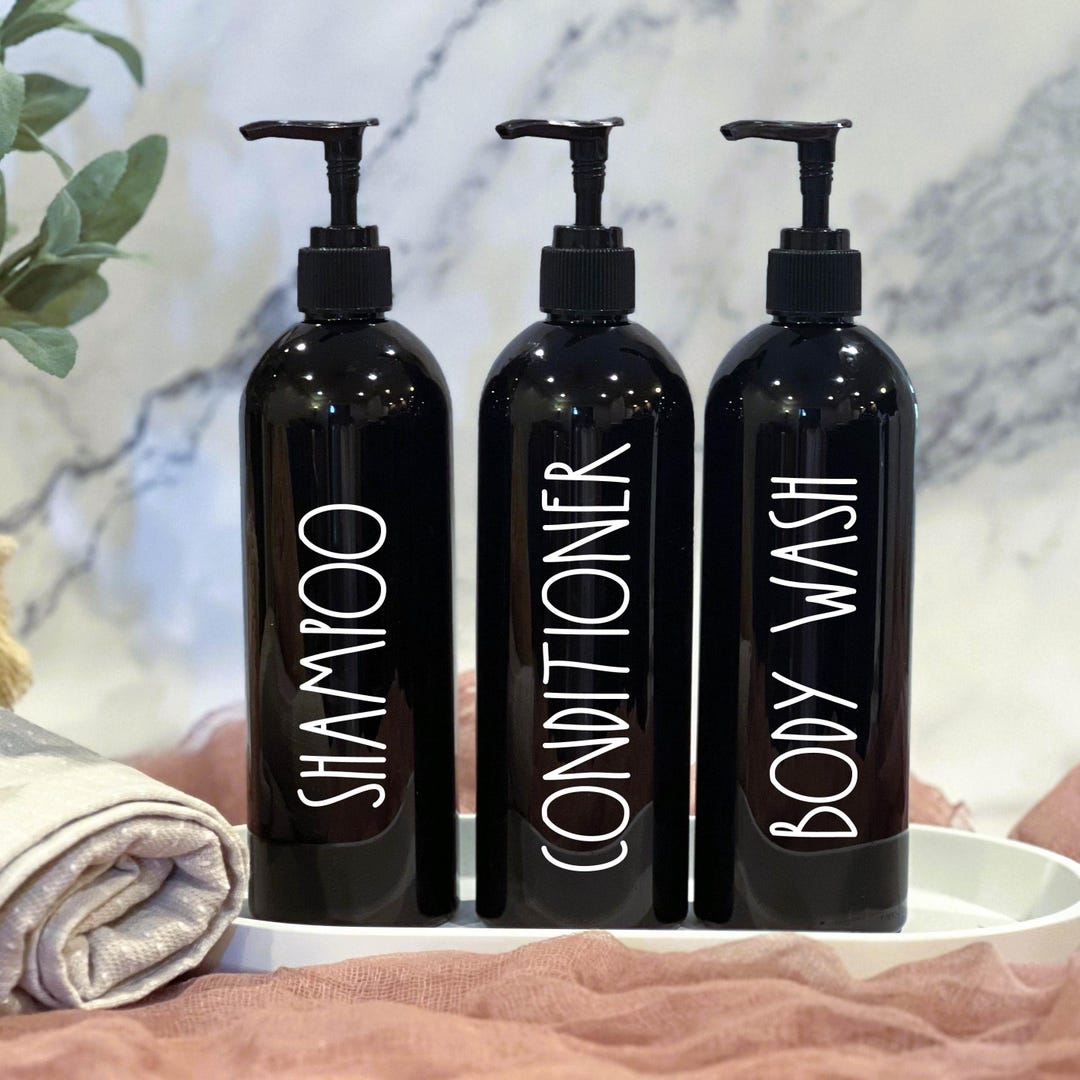3 Black Shampoo and Conditioner Bottles | Bathroom Bottle Set | Spa ...