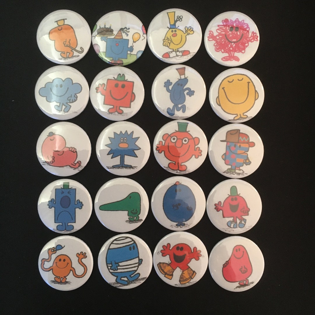 Inspired by Mr Men! Pin Badges! 25mm! 38mm! Mr Happy! Mr Bump! Mr ...