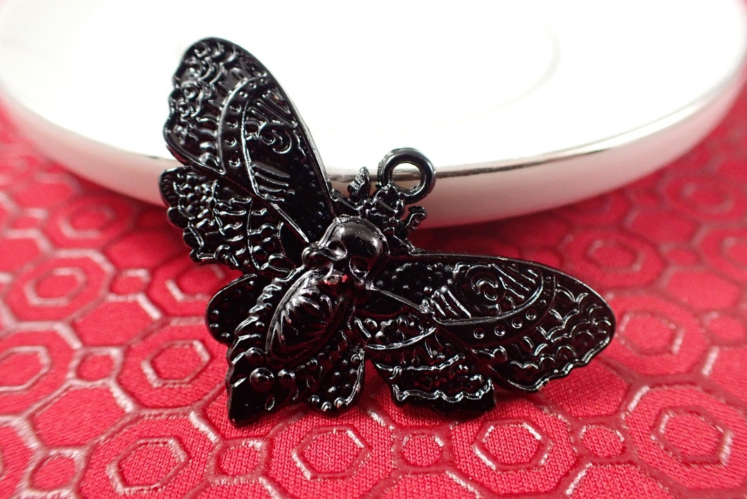Awesome Shiny Black Metal Moth Pendant - Large Metal Focal Bead - Black ...