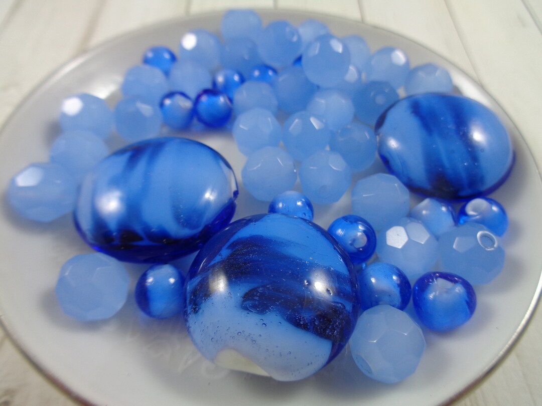 47 Assorted Blue Glass Beads Variety Set Bead Mix Light Blue Round ...