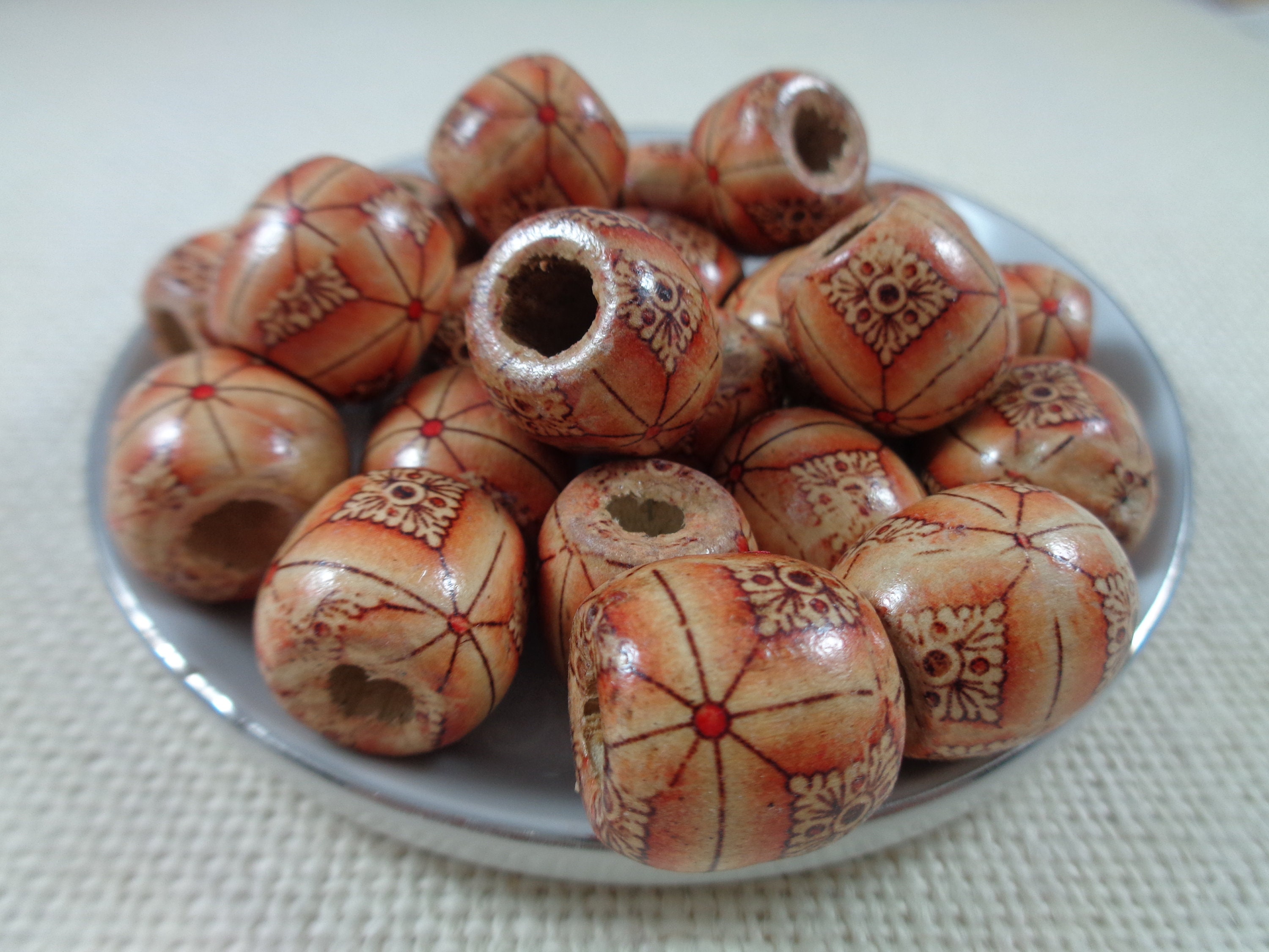 12 Large Round Geometric Pattern Painted Wood Beads 17mm Round | Etsy