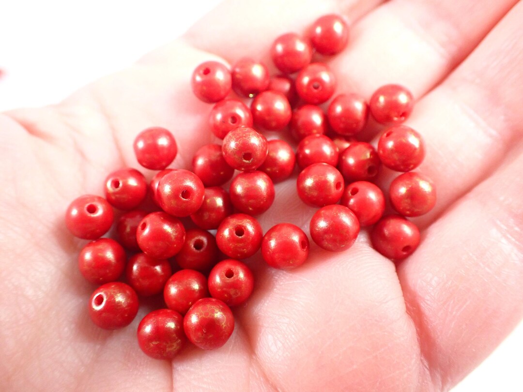 196 Pcs Red Round Glass Beads - Gold Sheen 6mm Round Smooth - Small ...