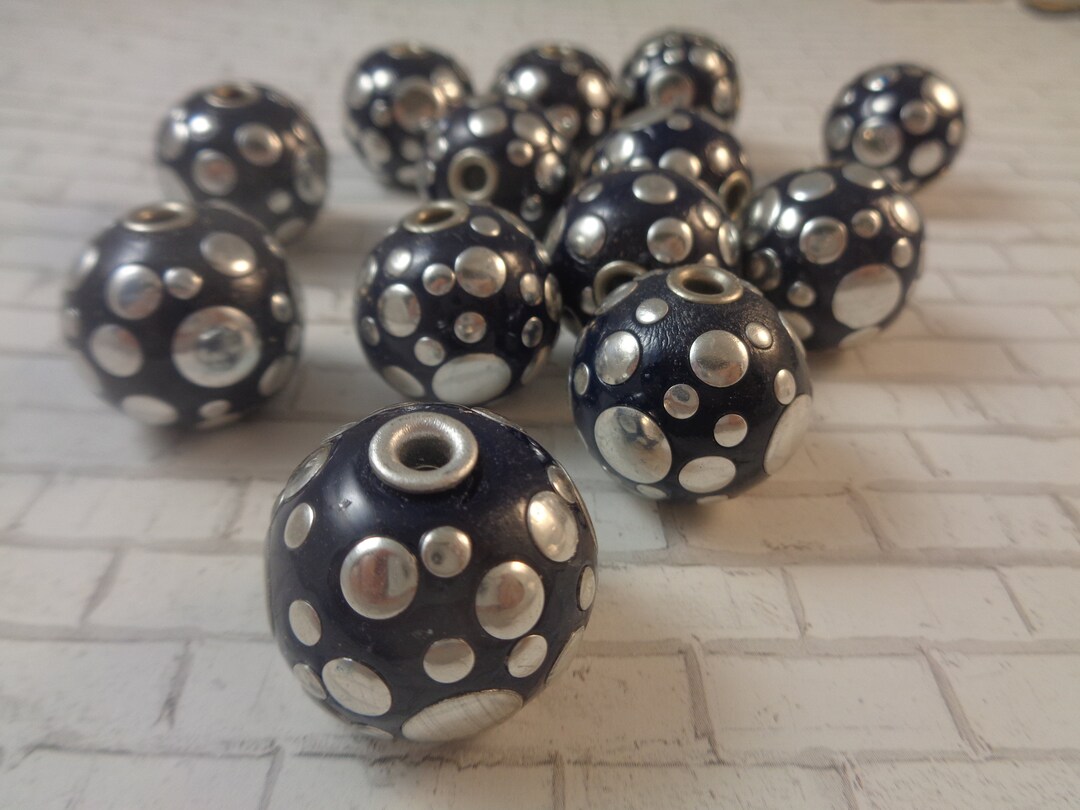 2 Large Navy Blue Clay Silver Metal Dots Beads 24mm Round Big Hole Bead ...