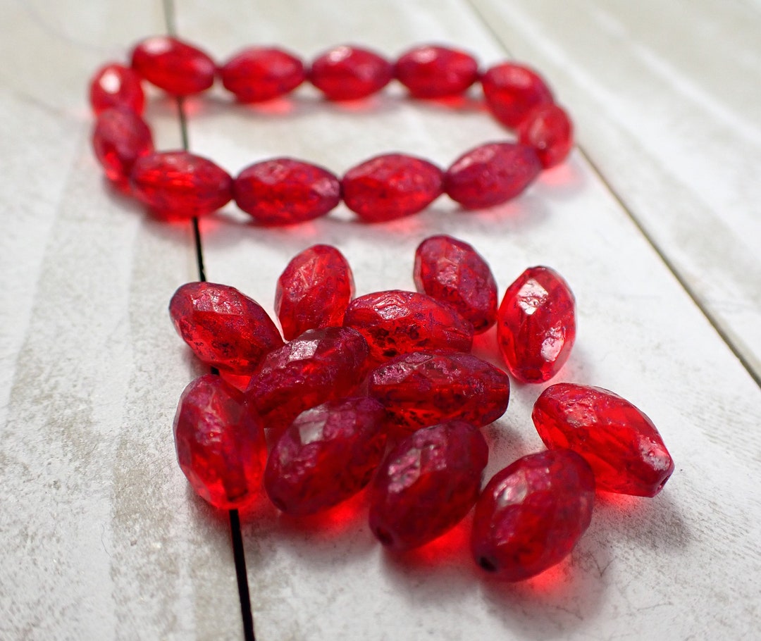12 Pcs Bright Red Oval Glass Beads - Etched Faceted Czech Glass Beads ...