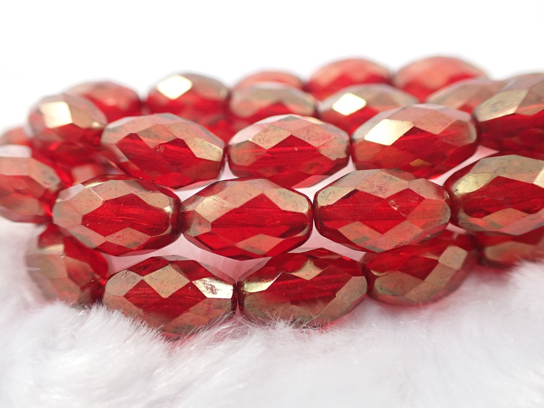 12 Pcs Scarlet Red Gold Oval Glass Beads - Faceted Czech Glass Beads ...