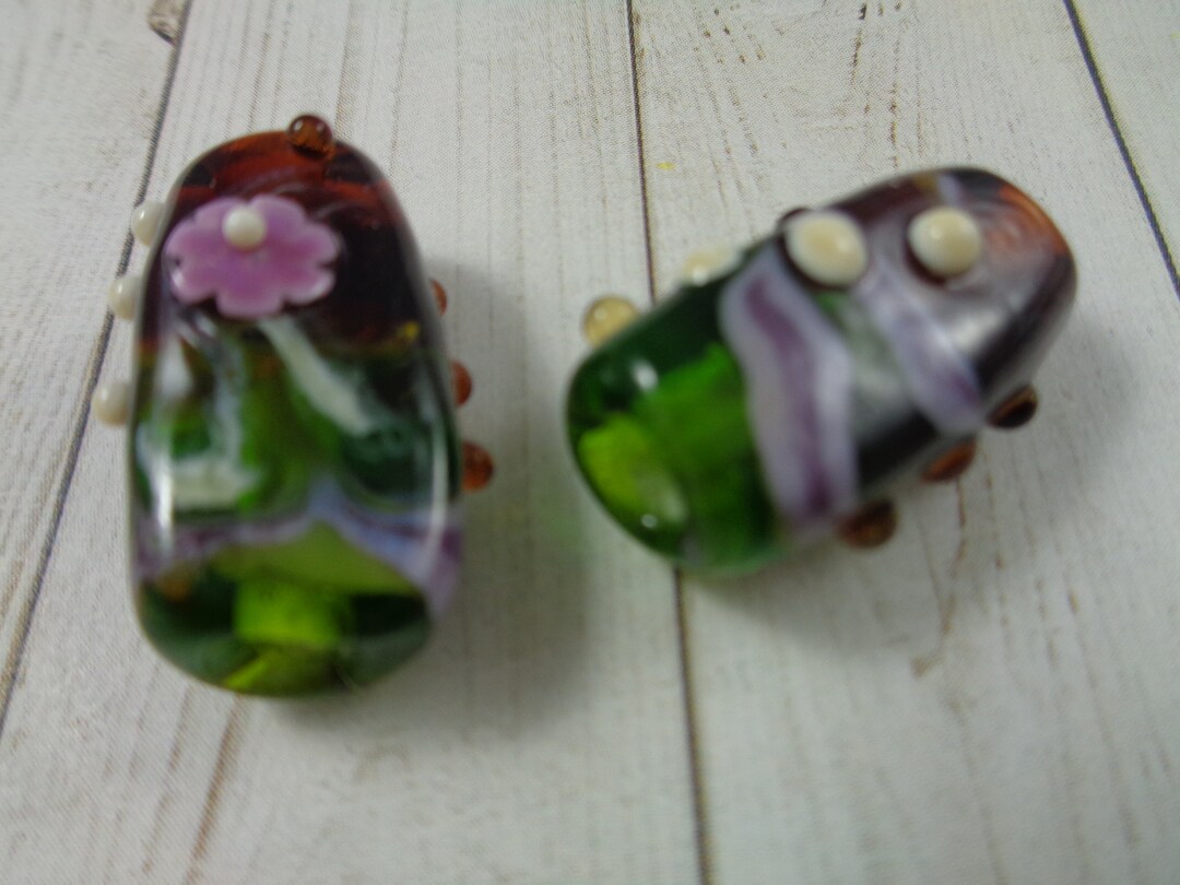 2 Green Brown Bumpy Lampwork Glass Beads 22x12x8mm Flat Tube Shaped ...
