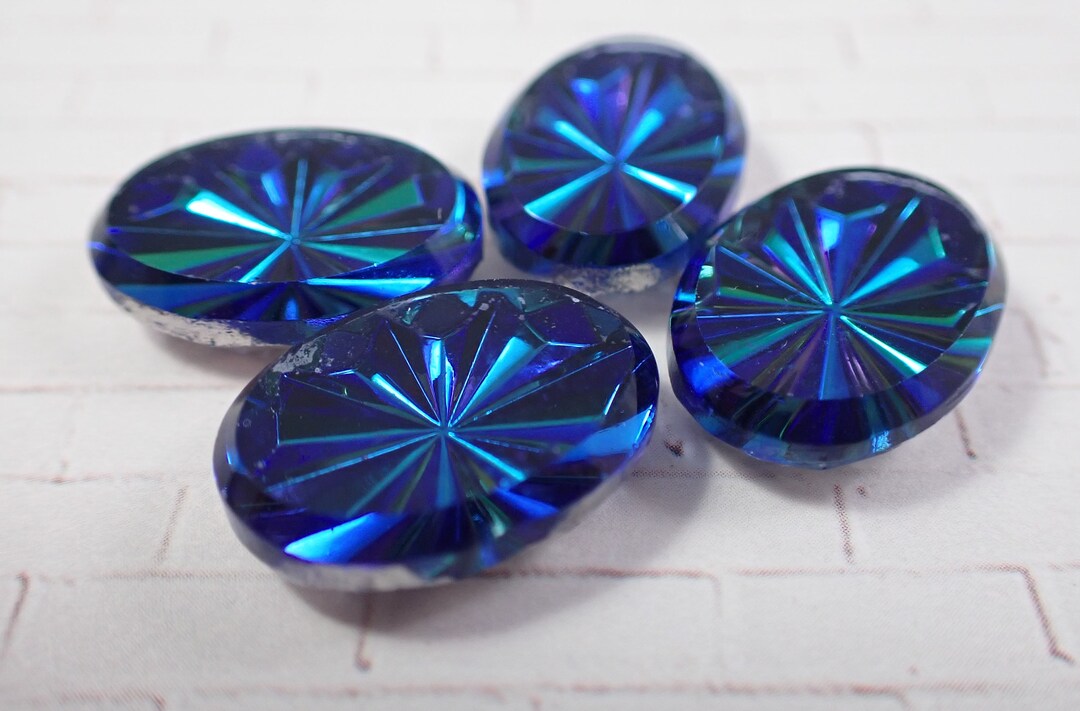 1 Piece Blue Green Vintage Glass Cabochon - Deep Blue Shiny Oval Cab ...