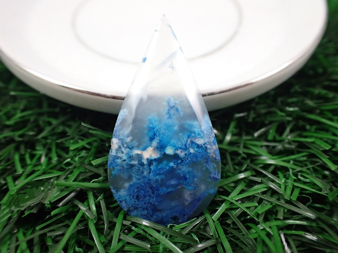 Bright Blue Dyed Moss Agate Teardrop Cabochon - Blue Crystal Cab - Flat ...