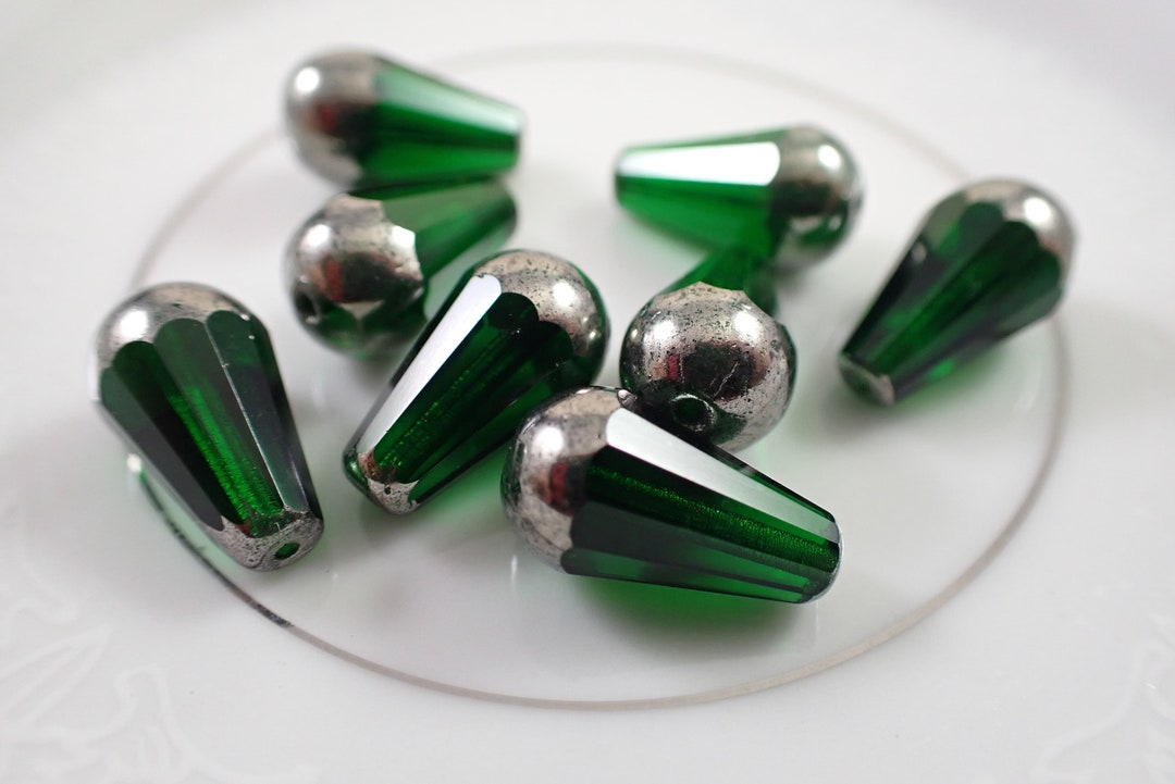 8 Pcs Czech Glass Teardrop Shaped Beads - Deep Green Metallic Silver ...