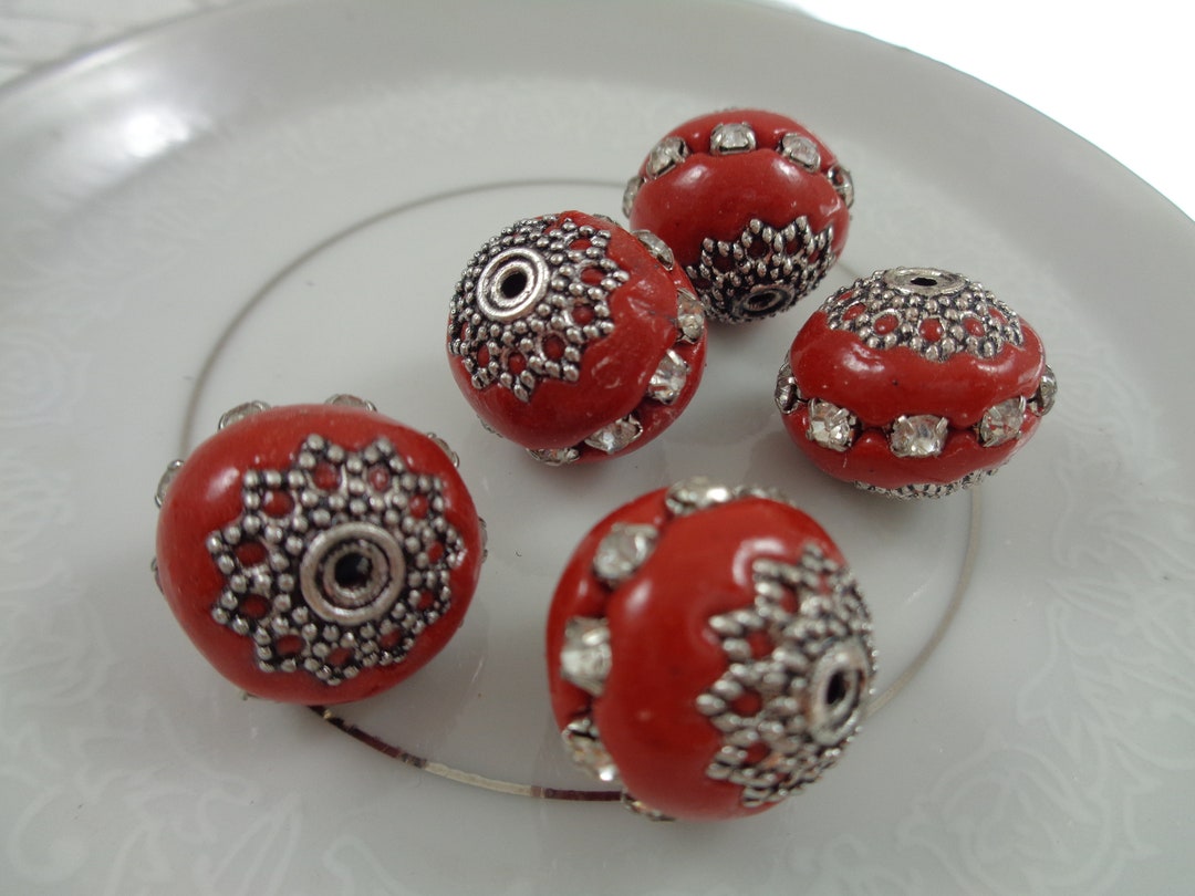 2 Red Silver Clay Brass Beads 15x14mm Round Dark Red Clay Beads Silver ...