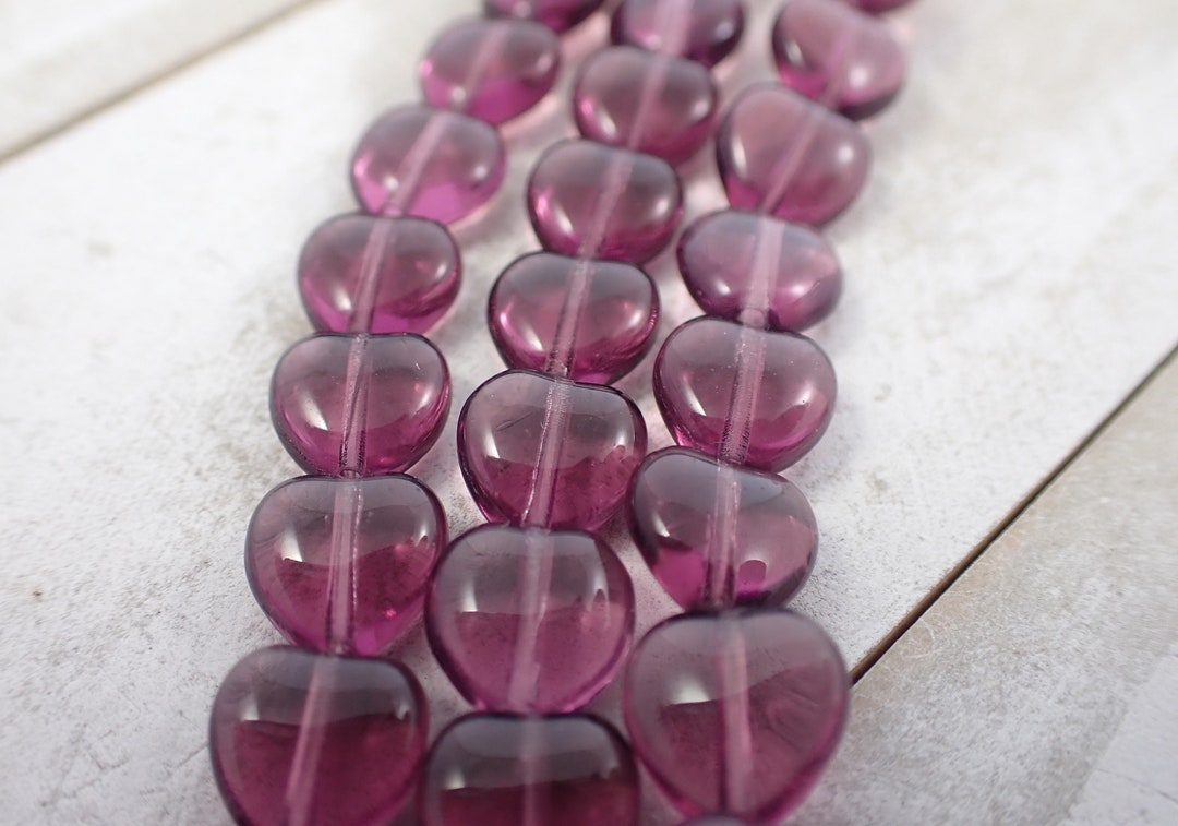 25 Purple Clear Heart Shaped Glass Beads - 8mm Rounded Small Heart ...