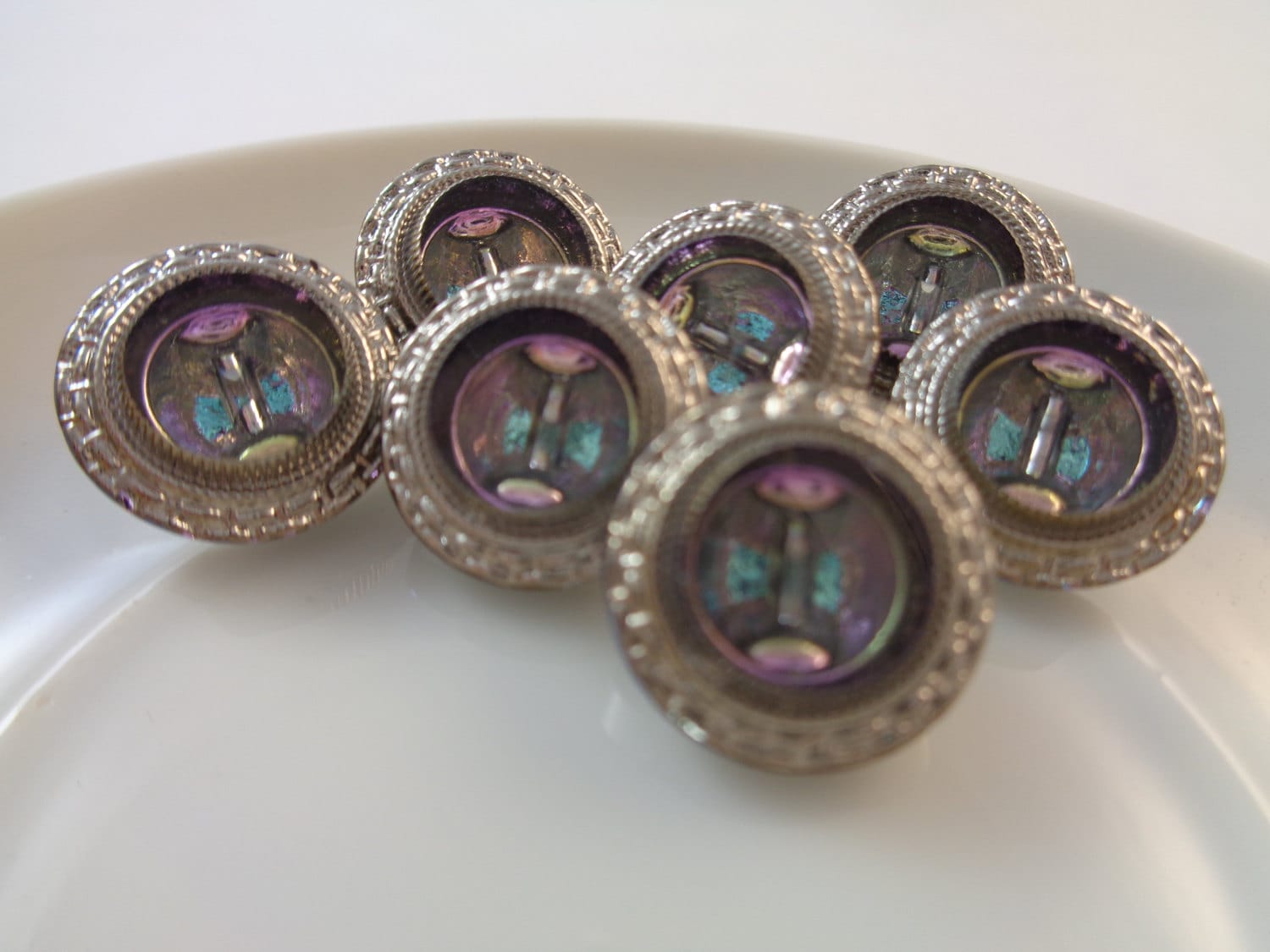 1 Silver Glass Button 14mm Shield Button Silver Edge Iridescent Glass ...