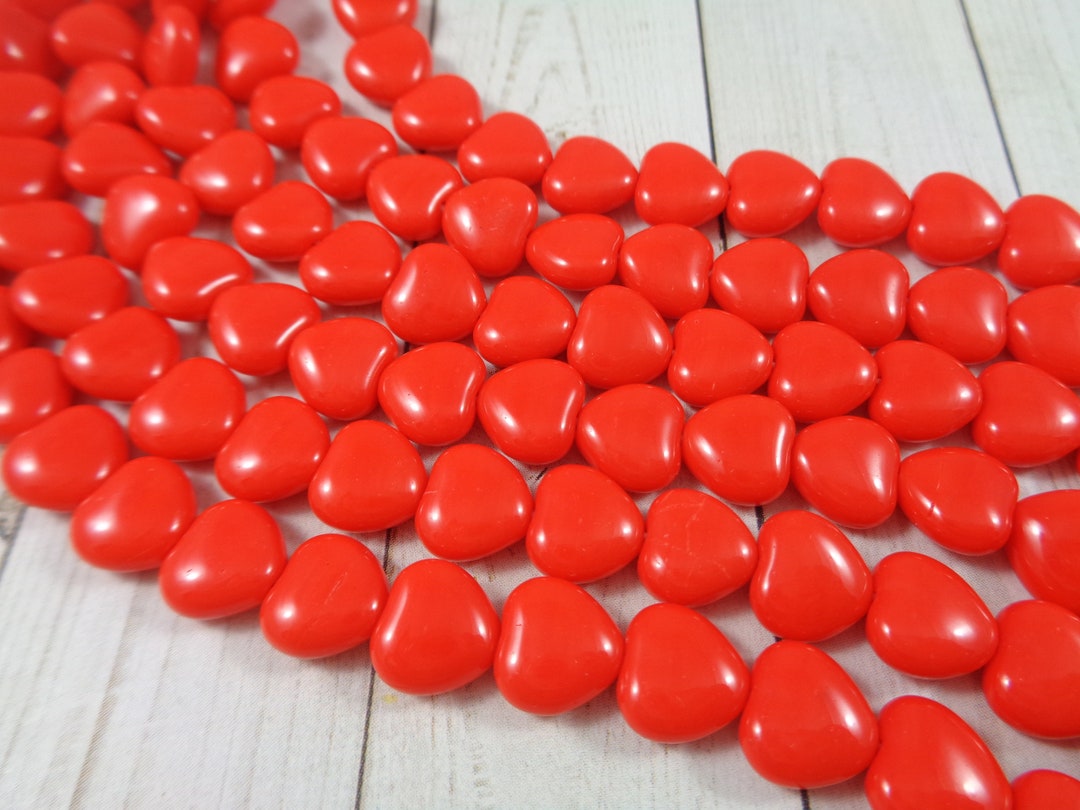 25 Small Bright Red Heart Shaped Glass Beads 8x8x3mm Rounded Bright Red ...