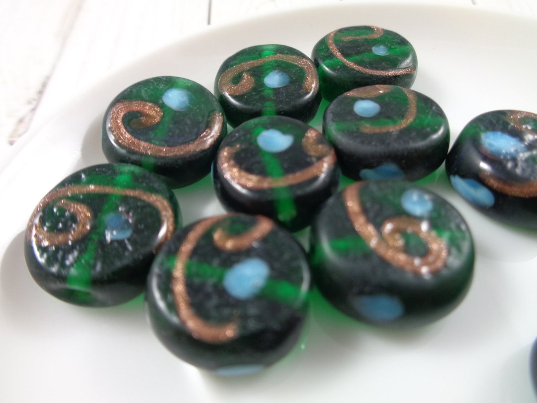 4 Beautiful Coin Shaped Glass Beads 14x5mm Dark Translucent Green Light ...