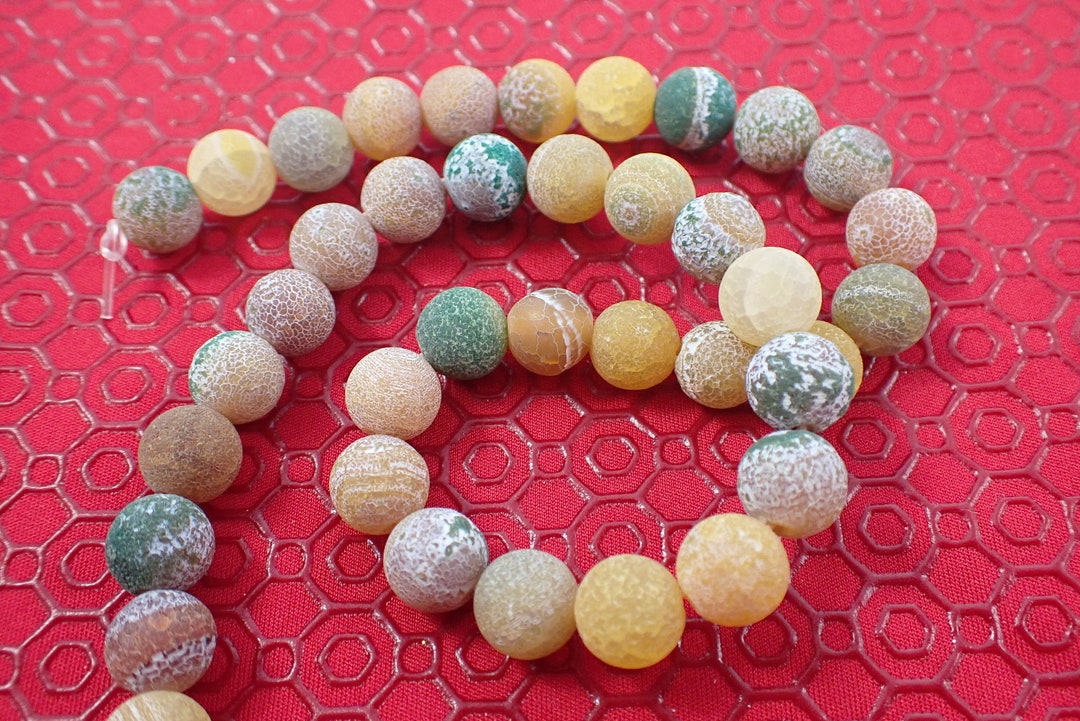 40 Pcs Yellow Green Crackle Agate Beads - 10mm Round Smooth White Veins ...
