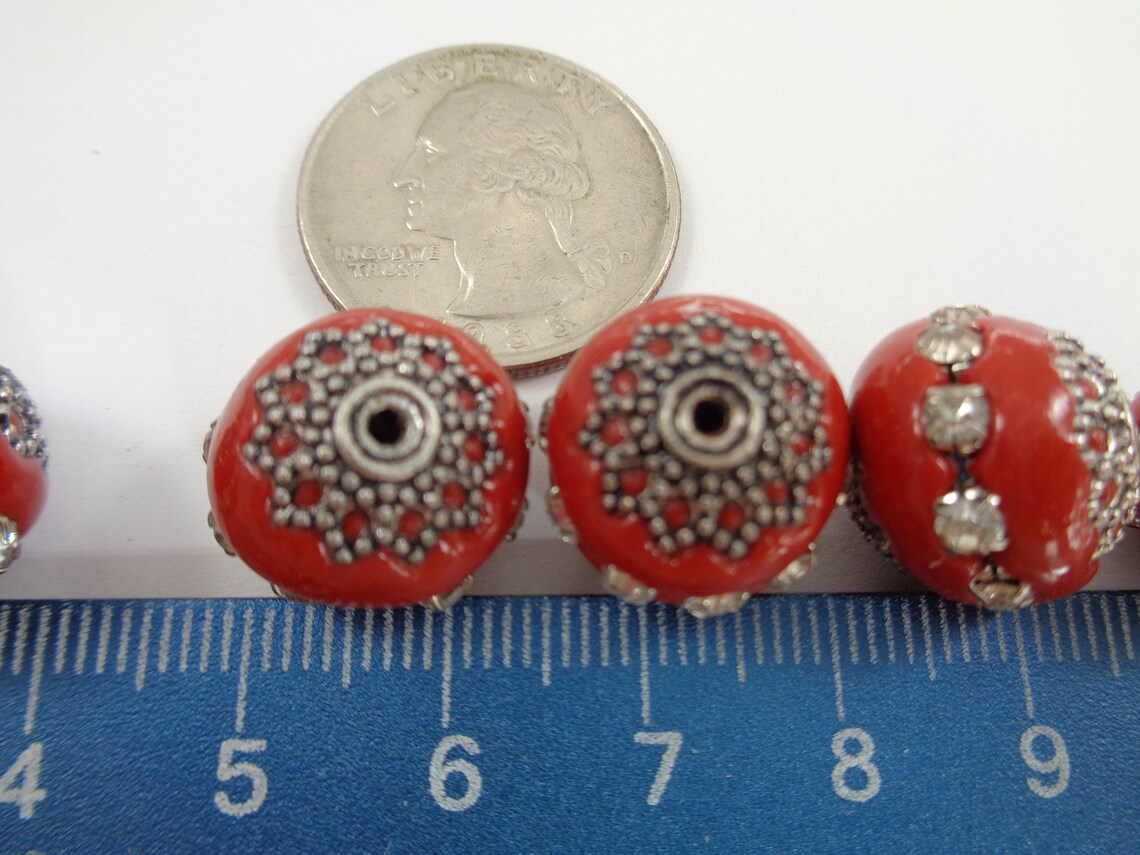 2 Red Silver Clay Brass Beads 15x14mm Round Dark Red Clay - Etsy