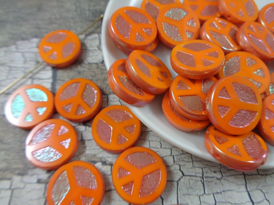 4 Bright Orange Peace Sign Coin Shaped Czech Glass Beads 16x4mm Opaque ...