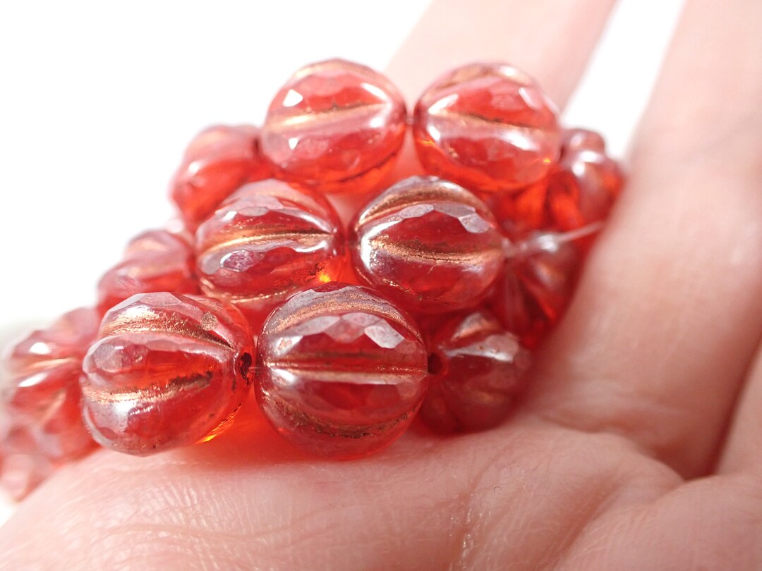12 Pcs Bright Red Copper Wash Glass Beads - Czech Firepolished Glass ...