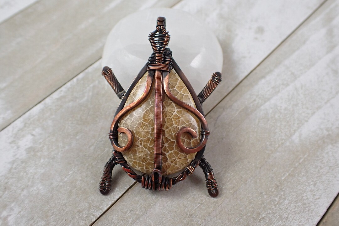 Large Coral Jade Copper Wire Wrapped Bug - Handmade Fossil Coral ...