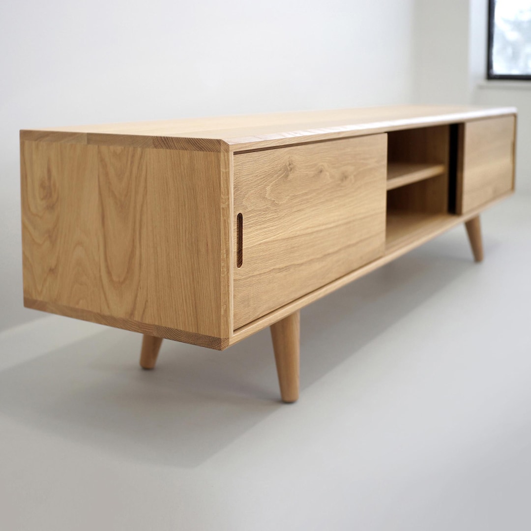 Solid White Oak Media Console With a Center Shelf: Mid-century Modern ...
