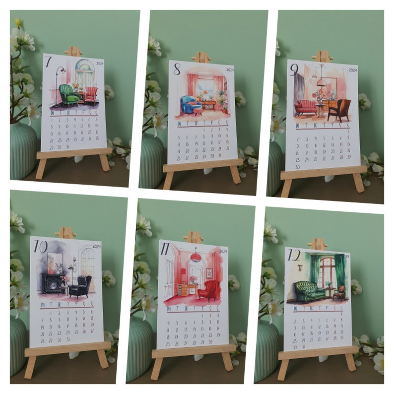 2024 Mini Desk Calendar, Interiors, A6 Calendar, With Easel, Birthday ...