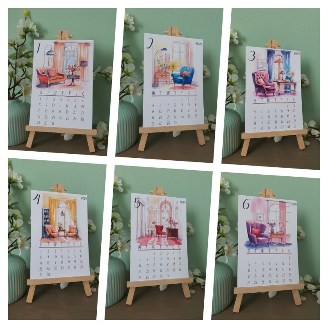 2024 Mini Desk Calendar, Interiors, A6 Calendar, With Easel, Birthday ...