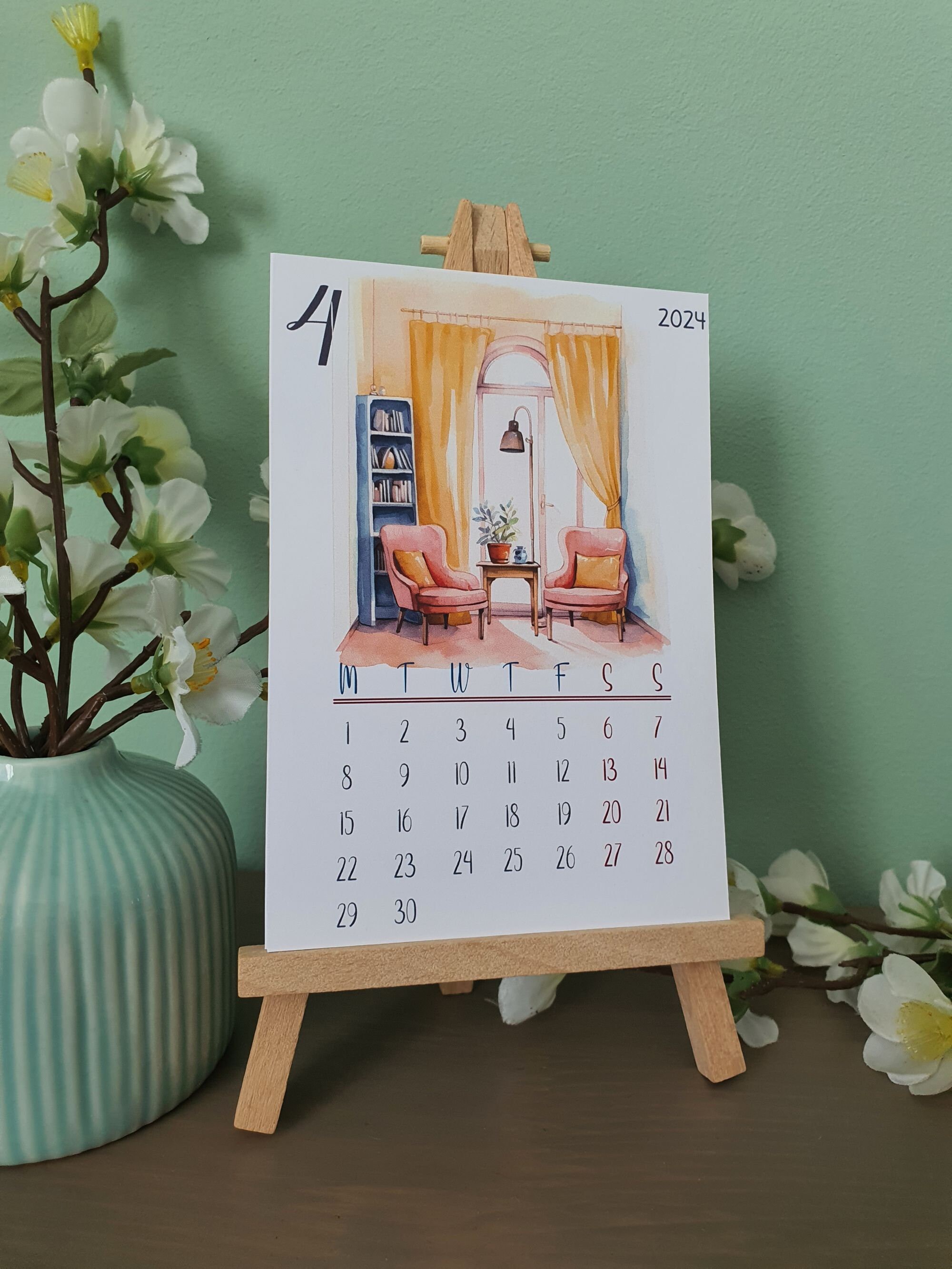 2024 Mini Desk Calendar, Interiors, A6 Calendar, With Easel, Birthday ...